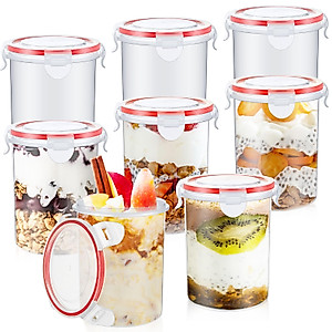 Tessco 8 Pieces Overnight Oats Containers with Lids 16 oz Round Airtight Oatmeal Container Plastic Leakproof Mason Jars for Overnight Oats with Locking Lid Cereal Milk Oatmeal Storage (Red)