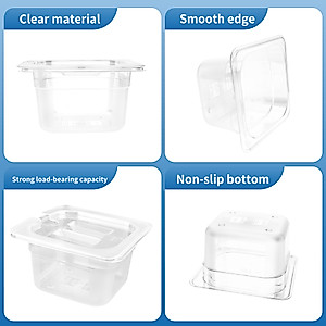 KEJJNYER 6 Pcs Plastic Food Pan with Lid, 4'' Deep Stack Clear Salad Bar Containers Commercial Plastic Restaurant Containers for Food Fruits Vegetables(1/6 Size)