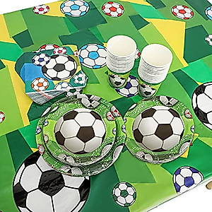DUOCUTE Soccer Party Supplies 102PCS Sports Themed Children Birthday Paper Dinnerware Set Includes 9" Plates, 7" Plates, Cups, Napkins, Tablecloth and Banner, Serves 25