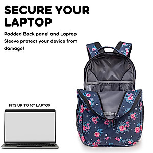 J World New York Cornelia Laptop Backpack School Bookbag, Navy Rose, 18 X 12.5 X 8 (H X W X D)