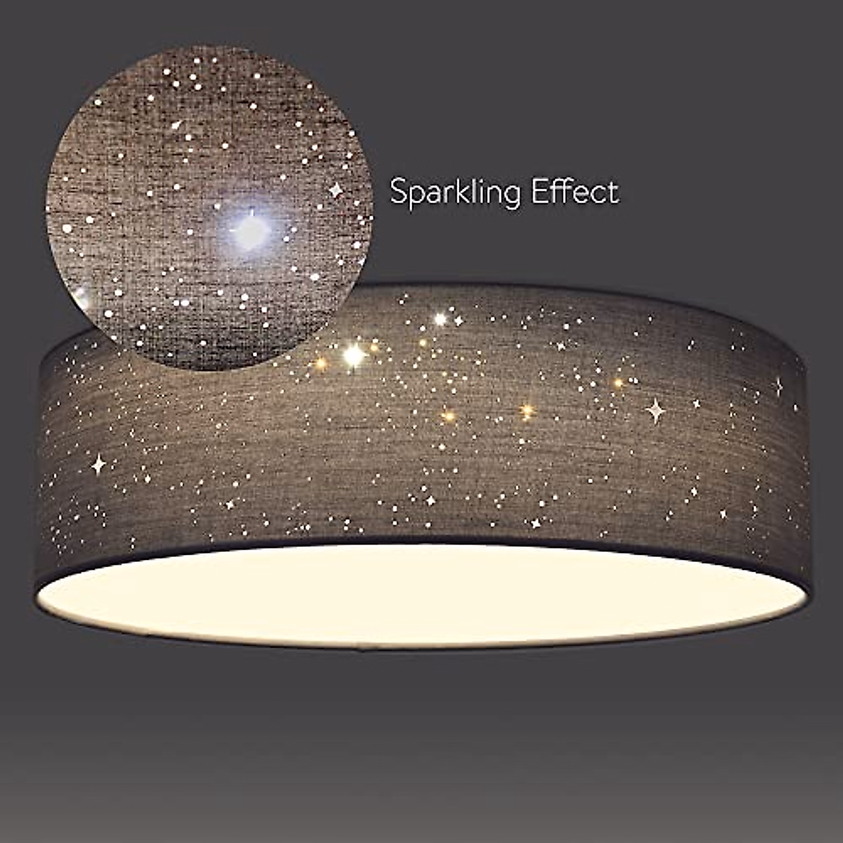 Navaris Flush Mount Ceiling Light - 15.75" Diameter Drum Lamp Shade LED Fixture with Sparkling Star Effect - Bedroom or Nursery Lighting - Light Gray