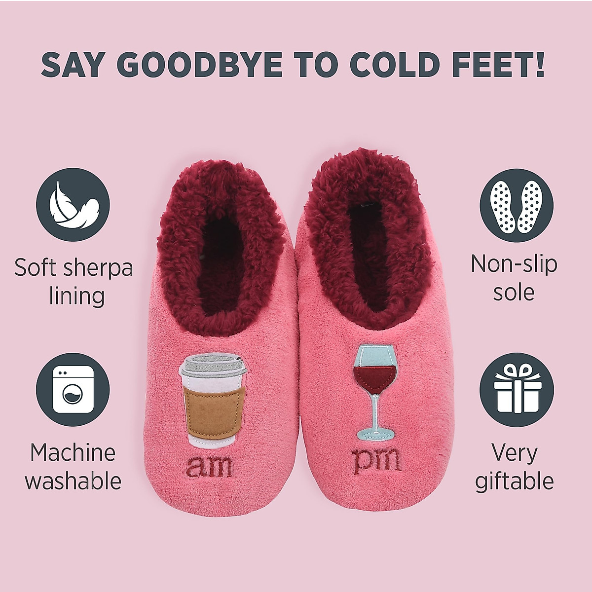 Snoozies Pairable Slipper Socks - Funny House Slippers for Women, Non-Slip Fuzzy Slipper Socks - Best Friend Birthday Gifts for Women - AM/PM (Pink, Small)