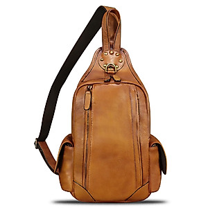 FEIGITOR Genuine Leather Sling Bag Handmade Retro Crossbody Backpack Purse Chest Shoulder Hiking Daypack Fanny Pack (Brown)