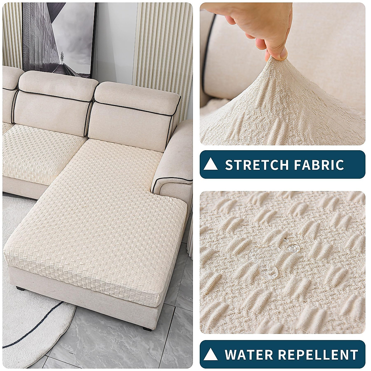 LUFEIJIASHI Sectional Couch Covers L Shape Couch Cushion Covers for Sectional Sofa,Stretch Sectional Sofa Covers Furniture Protector for Pets Dogs 3 Piece (Beige, 2 Seater + 1 Chaise)