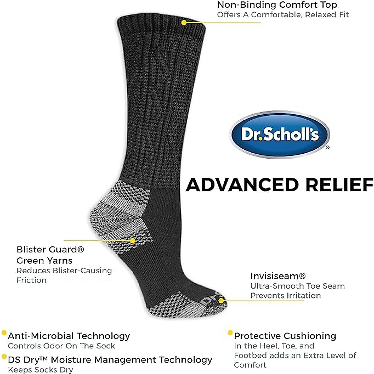 Dr. Scholl's Women Advanced Relief Blisterguard - 2 & 3 Pair Packs Non-binding Cushioned Moisture Management Socks, Black, 4-10 US