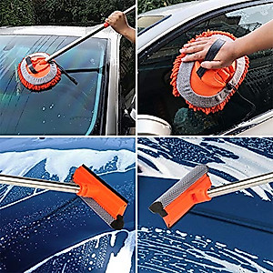 GES 62'' Car Wash Mop Mitt with Long Handle, 3 in 1 Chenille Microfiber Car Wash Brush Extension Pole, Scratch Cleaning Tool for Car, Truck, RV, Total 1 Pcs Mop Head and 1Pcs Drying Squeegee Sponge