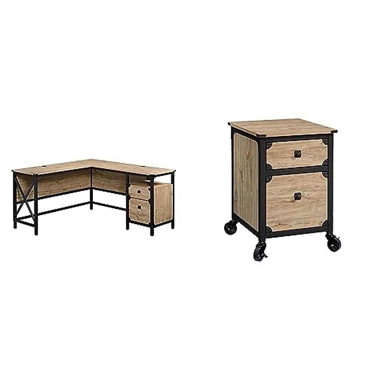 Sauder Steel River L-Shaped Desk, L: 59.84" x W: 57.32" x H: 29.53", Milled Mesquite Finish & Steel River Pedestal File Cabinet, L: 20.87" x W: 23.86" x H: 26.58", Milled Mesquite Finish