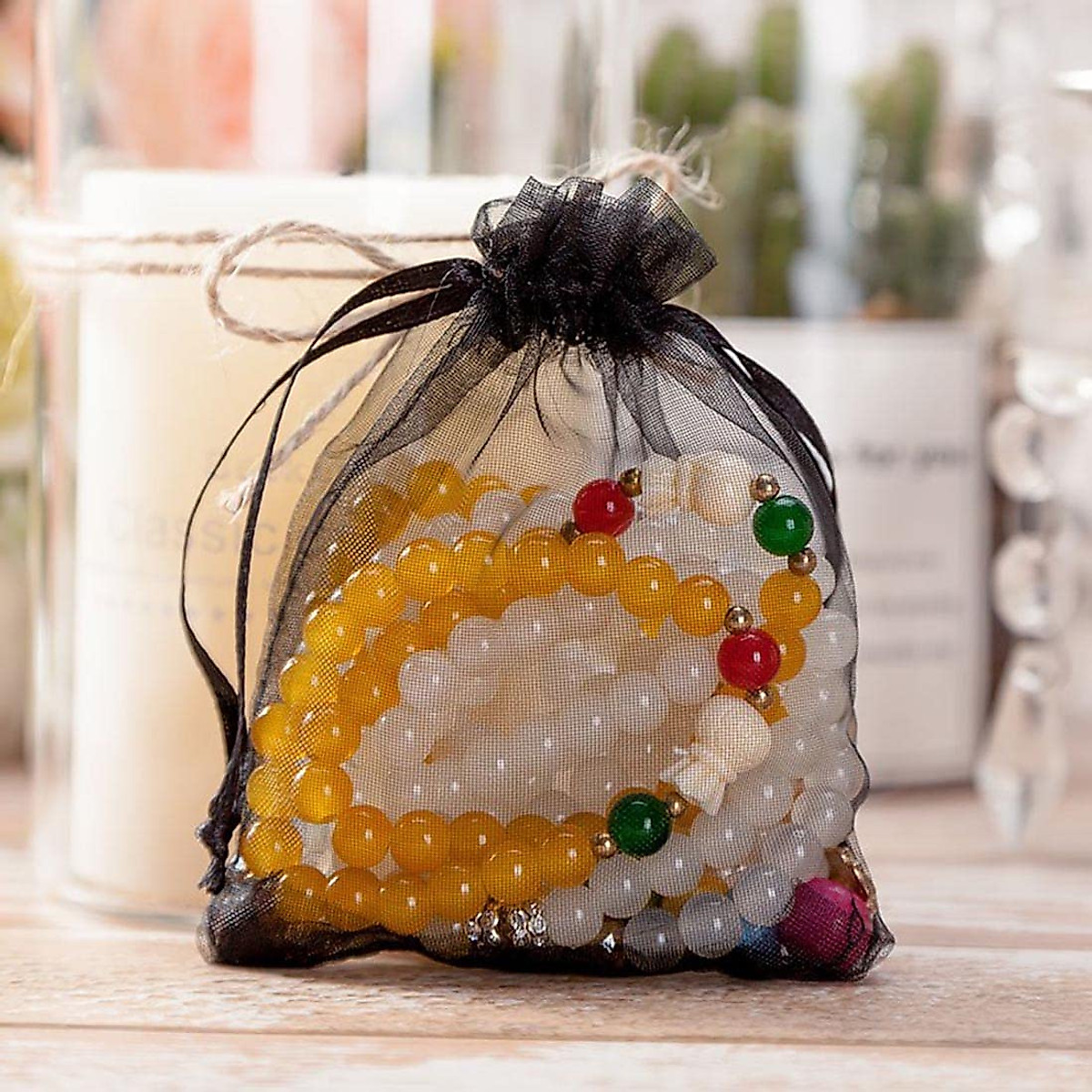 UBGBHO Pack of 100 Organza Gift Bags 5x7 Inch Black Drawstring for Baby Shower,Christmas,50th Birthday,Party Favor,Rustic Wedding,Holiday Sheer Fabric Recycled Sachet for Jewelry,Dried Lavender Flowers