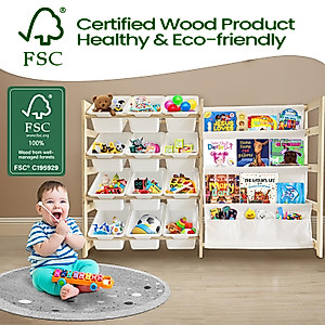 EXPERLAM Toy Storage Organizer with Bookshelf - 12 Storage Bins 4-Tier Multipurpose Shelf to Organize Toys and Books for Kids Room, Playroom, Nursery Room, White