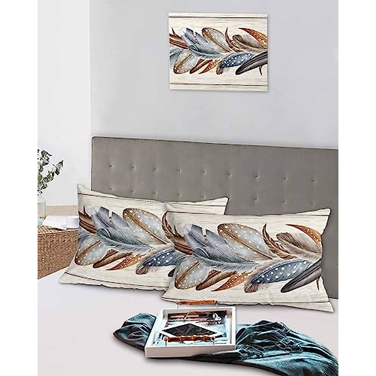 Edwiinsa Brown Blue Feather Pillow Covers Standard Size Set of 2 Bed Pillow, Farmhouse Wooden Striped Grain Plush Soft Comfort for Hair/Skin Cooling Pillowcases with Envelop Closure 20''x26''