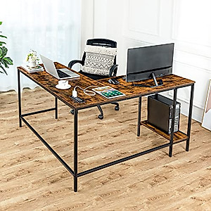 HOOBRO L Shaped Computer Desk with Charging Station, Industrial Corner Writing Desk with Adjustable Shelves, Study Workstation for Home Office, Stable and Space-Saving Rustic Brown and Black BF35UDN01