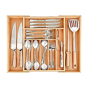 Bamboo Expandable Drawer Organizer, NEDNEYy Cutlery and Utensil Tray, Desk Drawer Organizer Silverware Holder Kitchen Knives Tray Drawer Organizer, 100% Pure Bamboo Cutlery in Natural Color…