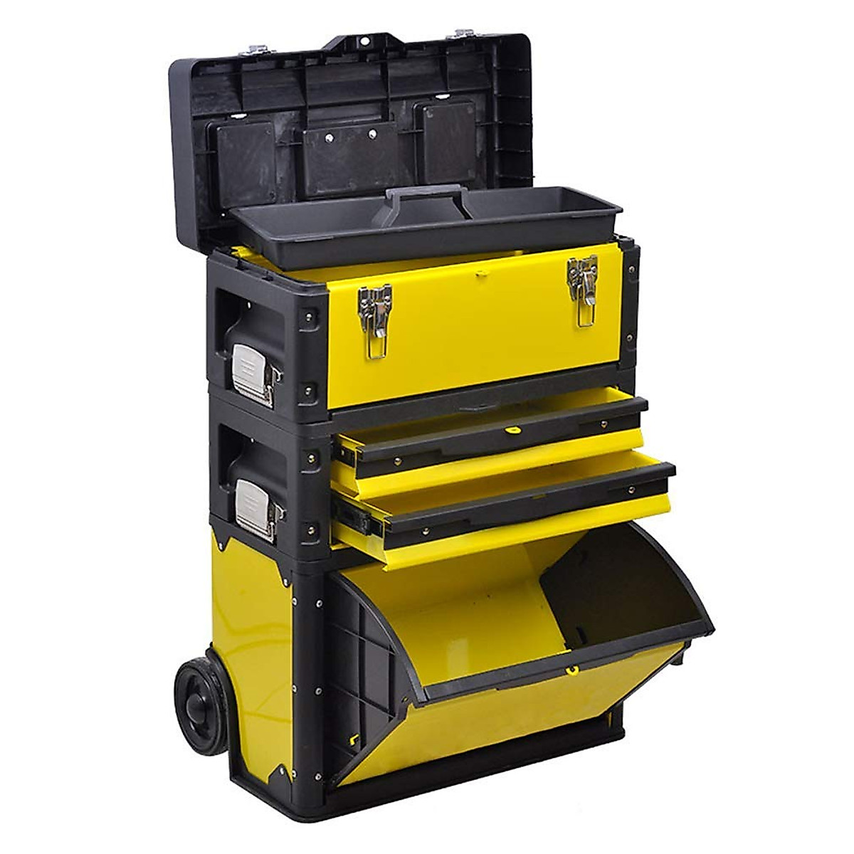 YGCBL Multifunction Portable Hand Trucks,Trolleytool Trolley Cart 3-Tier Drawer Type Organizer Multifunction Combined Pull Rod Toolbox, Bearing 80Kg, 520X320X730Mm,Black+Yellow
