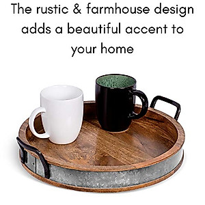 BIRDROCK HOME Wooden Serving Tray with Handles - Iron Accents - Round Barrel Top Breakfast Trays - Tea Cheese Board - Coffee Table Décor - Natural Wood with Iron - Kitchen - Bar - Large