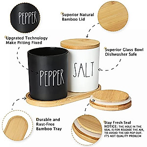 ALPIRIRAL Salt and Pepper Bowls, Salt and Pepper Holder Set with Bamboo Tray, Salt Container with Bamboo Lid, Black and White Salt Cellar, Salt Box for Countertop, Farmhouse Kitchen Decor, Set of 2