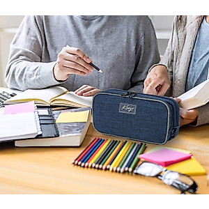 Large Capacity Pencil Case, Kasqo Big Pencil Bag Pouch Pen Case Pencil Marker Holder Stationery Organizer with Two Compartment for Teen Boys Girls Middle High School Supplies & Office, Blue