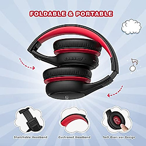 KLUGMIA Kids Bluetooth Headphones, 85/94dB Volume Limited Kids Headphones, Over Ear Toddler Headphones with Built-in Mic, Bluetooth 5.0, Foldable Wireless Headphones for Kids (Black red)