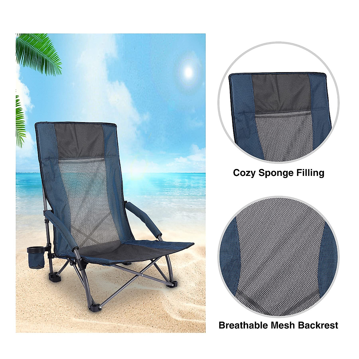 REDCAMP High Back Beach Chairs for Adults 2 Pack, Oversided Folding Low Beach Chairs for Concerts, Lightweight Portable for Camping Backpacking Outdoor Sports Events, Navy