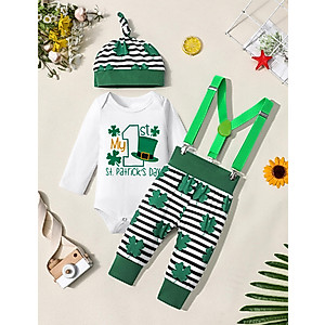 AGAPENG St Patricks Day Baby Boy Outfit Baby St Patricks Day Outfit Boy 3-6 Months Baby Boy St Patricks Day Outfit My First St Patricks Day 1st Romper Four Leaf Clover Suspenders Pants Stripe Hat