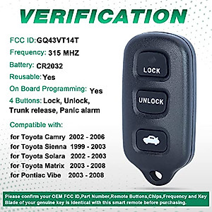Beefunny Remote Control Car Key Fob 315MHz for Toyota Camry Solara 2002-2006 FCC ID: GQ43VT14T (1)