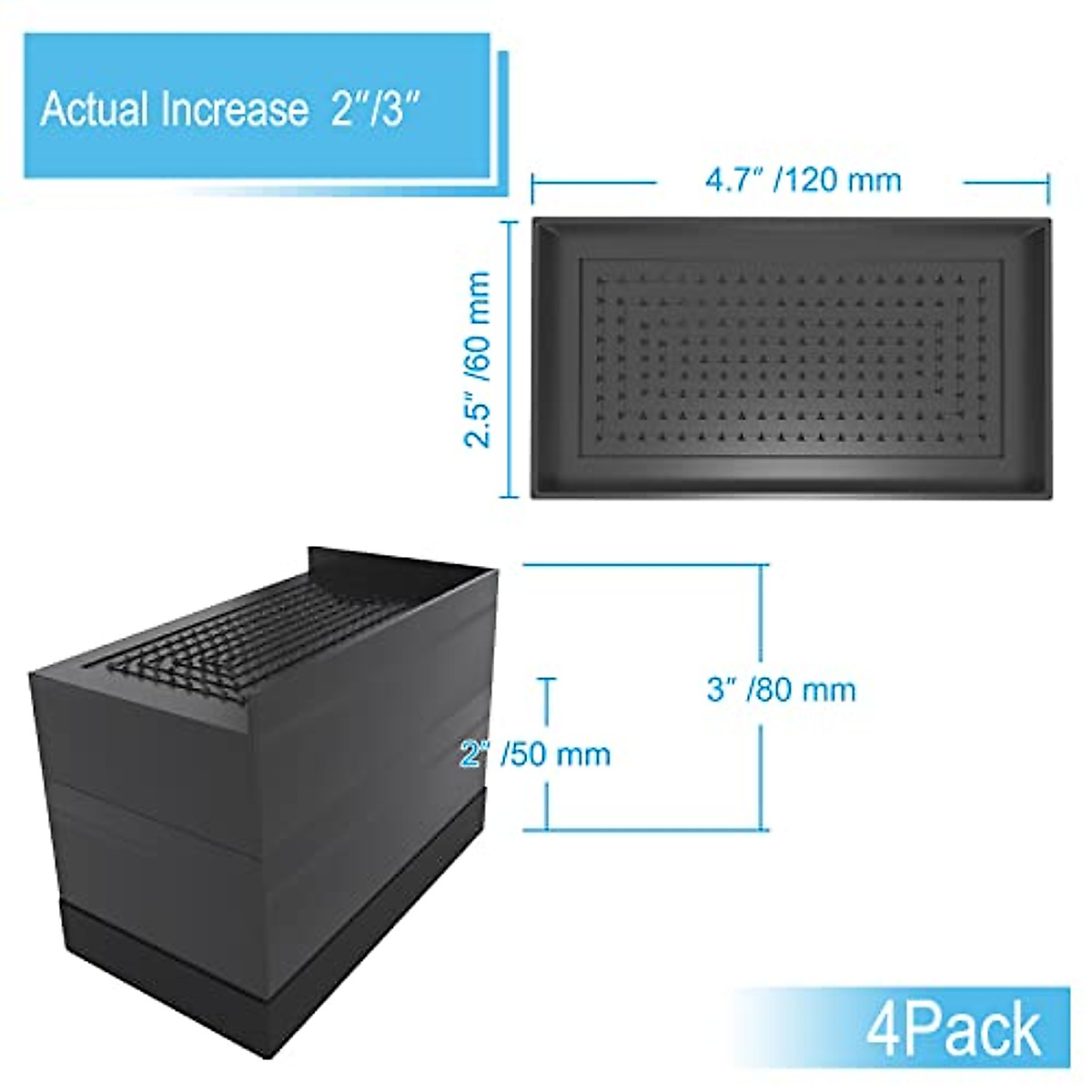 Nachell Adjustable Bed Furniture Risers Elevate 3" in Height, Heavy Duty Rectangle Blocks for Couch,Chair,Table Legs,Bed,Cabinet, Sturdy Plastic Risers Lifts up to 1300 lbs.（4Pack，Black）