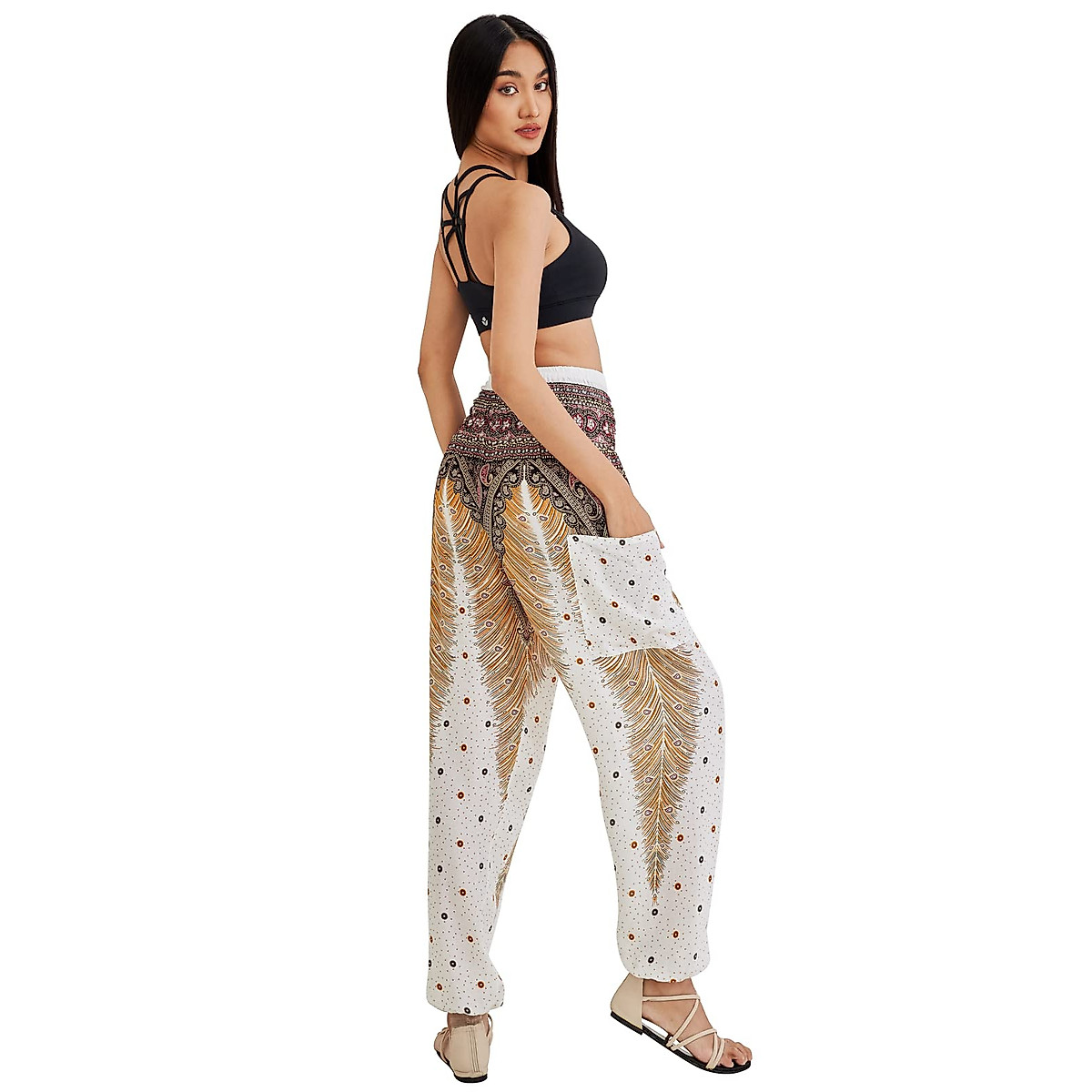 Joob Joob Boho Pants for Women - Hippie Harem Pants Women - Womens Yoga Pants – Comfy Bohemian Flowy Hippie Clothes - Medium White