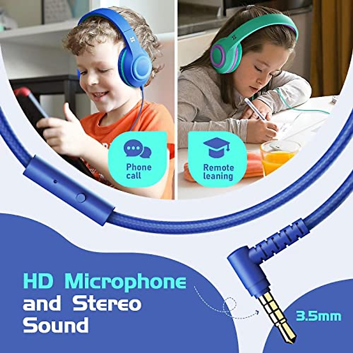 Mevoix Kids Headphones Wired, 94dB Volume Limit Over Ear Kids Headphones for School, Foldable Kids Headphones with Mic for Boys Girls Teens, Wired Toddler Headphones for iPad Tablet Kindle