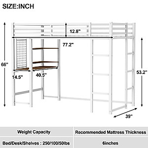 Twin Size Loft Bed with Desk and Shelves, Metal Loft Bed Frame with Metal Grid & Safety Guardrails & 2 Ladders, Space Saving Loft Beds for Kids, Teens, Adults, No Noise, No Box Spring Needed, White