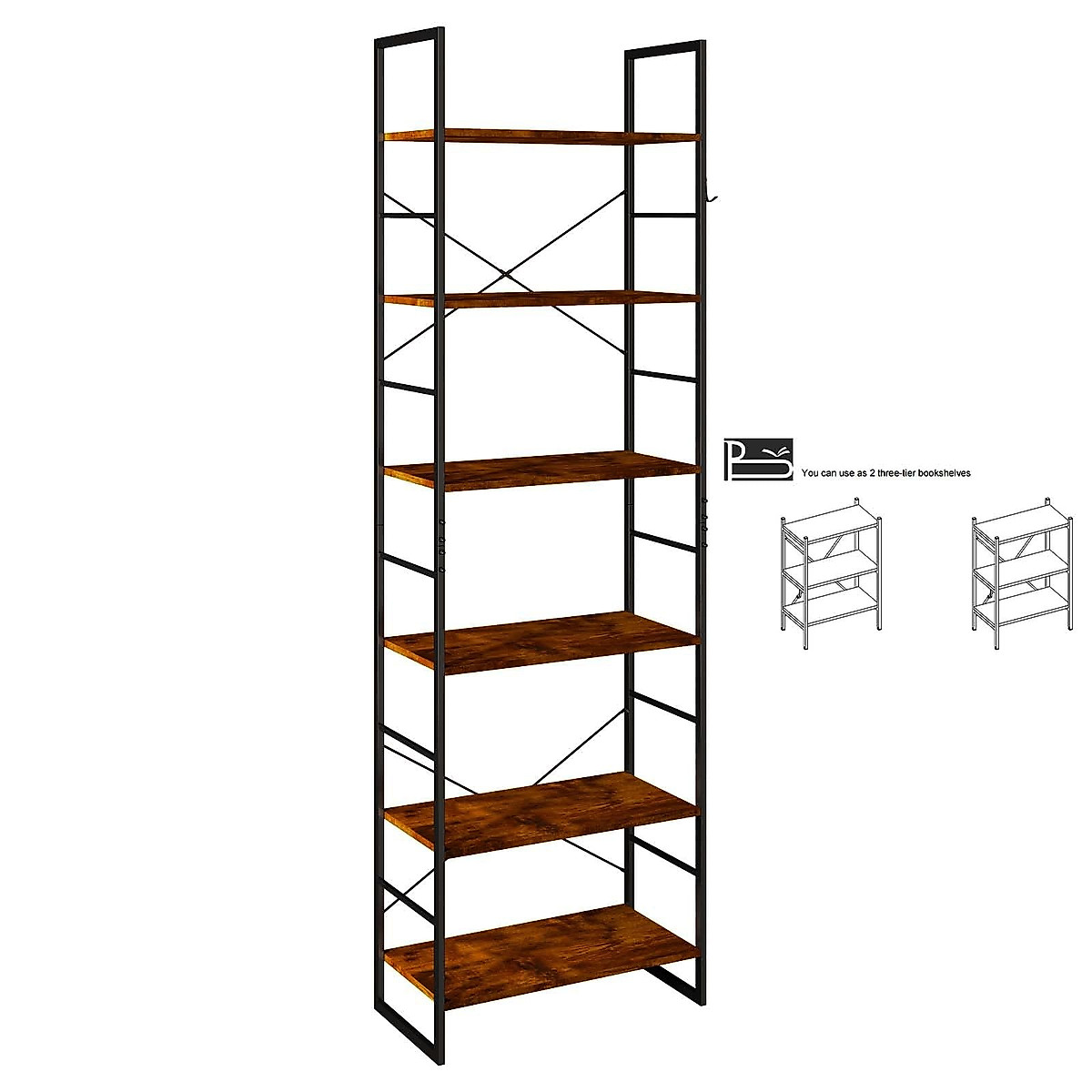 SAILUN 6 Tier Bookshelf, Free Standing Bookcase, Industrial Book Shelf with Metal Frame, Storage Rack Shelves Organizer for Bedroom, Living Room, Home Office，Rustic Brown
