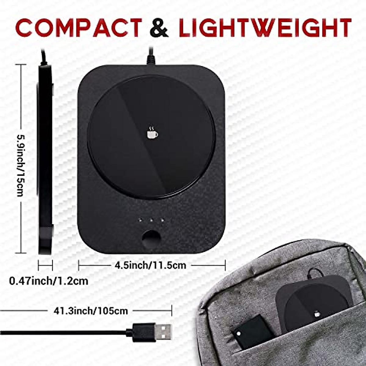 TickoLife BeverageWarmer,Coffer Warmer with 3 Temperature Settings, Portable,USB Charge,for Travel/Office Desks/Home,Black