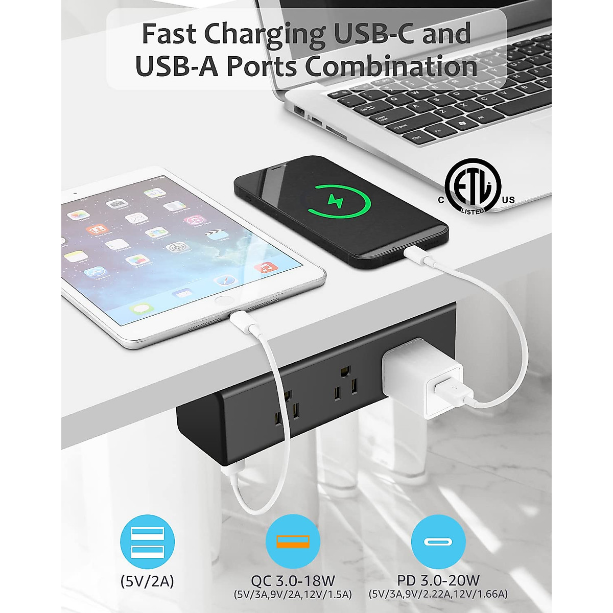 13 in 1 Under Desk Power Strip, Removable Under Desktop Fast Charging Outlet Station with 3 USB A and 1 USB C Ports, Widely Spaced Under Table Surge Protector 1200J, 6FT Extension Cord. (Black)