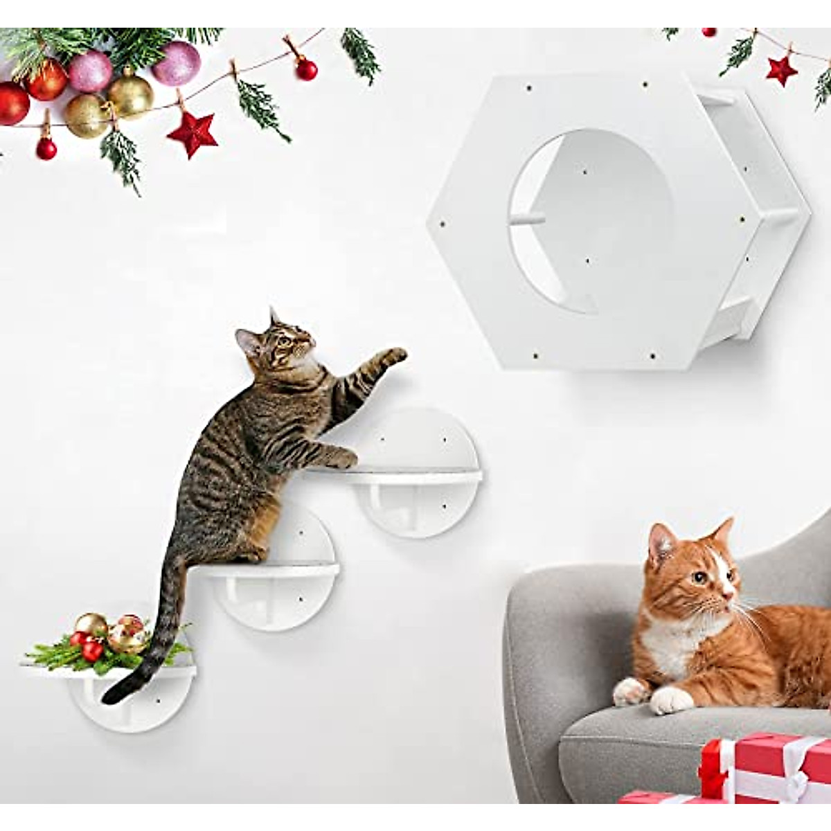 Cat House Wall Mount, Cat Shelves and Perches for Wall Fit Cat Up to 10Lbs, Cat Wall Shelves with 3 Wall Steps and Scratching Pad, Cat Hammock Wall Mount, White