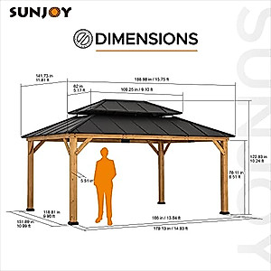 SUNJOY 12 x 16 ft. Wood Gazebo, Outdoor Patio Hardtop Gazebo, Upgrade Cedar Framed Wooden Gazebo with 2-Tier Metal Roof, Suitable for Patios, Lawn and Backyard, Dark Brown Roof + Natural Wood Frame