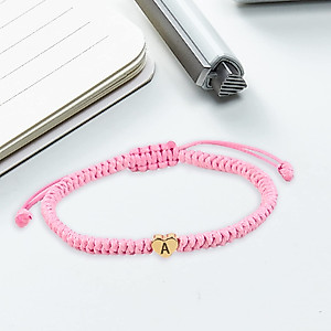 Pink Weave Rope Letter Bracelet for Women, Initial Bracelet Heart Charm 26 Letters A-Z Alphabet Handmade Adjustable Jewelry for Couple Teenage Girls Sister Valentines Day Mother's Day (Pink-C)