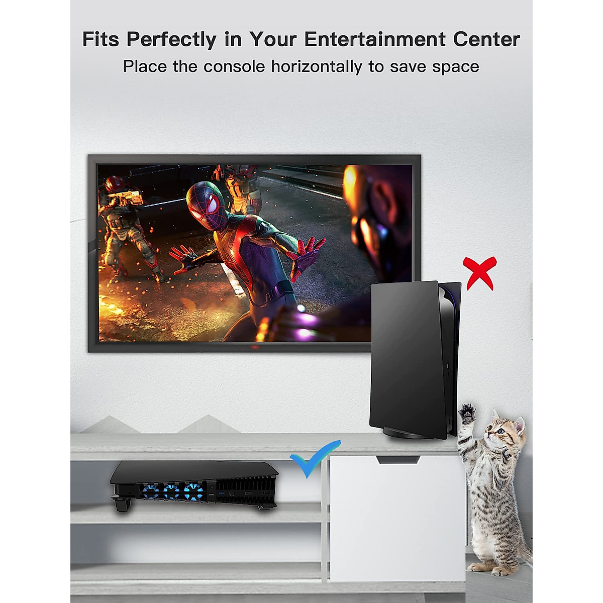 NexiGo PS5 Horizontal Stand with Slient Cooling Fan, [Auto On/Off], [Minimalist Design], Compatible with Playstation 5 Disc & Digital Editions, Built-in LED Light, Extra USB Port, Black