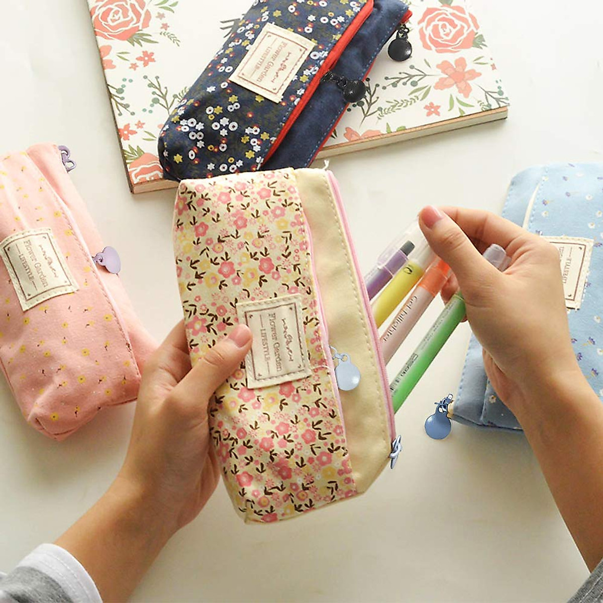 4 Pack Flower Floral Canvas Pen Pencil Cases Makeup Bags, FineGood Stationery Pouch Holders with Double Zippers for School Students Kids, with 2 Hang Ropes - Dark Blue, Light Blue, Pink, Cream