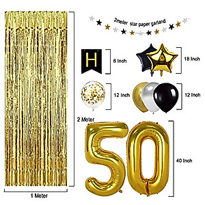 Black and Gold 50th Birthday Decorations Banner Balloon, Happy Birthday Banner, 50th Gold Foil Balloons, Number 50 Birthday Balloons, 50 Years Old Birthday Decoration Supplies