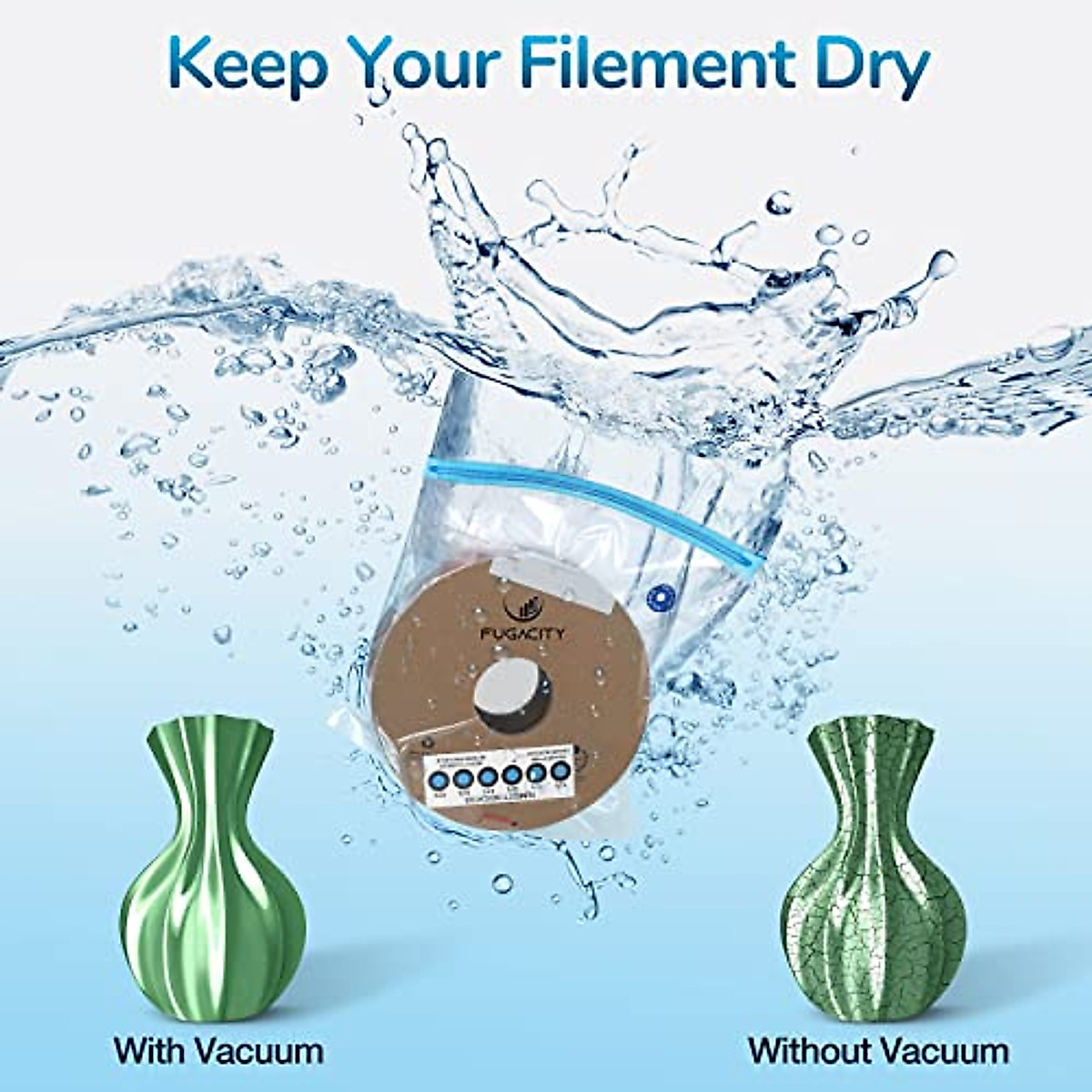 FugaCity 3D Printer Filament Storage Vacuum Bags Kit- 20Pack Reusable Vacuum Bags (PA+PE 13.8 ×12.6 in) with 20 Desiccants / 20 Humidity Cards /20 Clips/ 1 Hand Pump for Keep Filament Clean & Dry