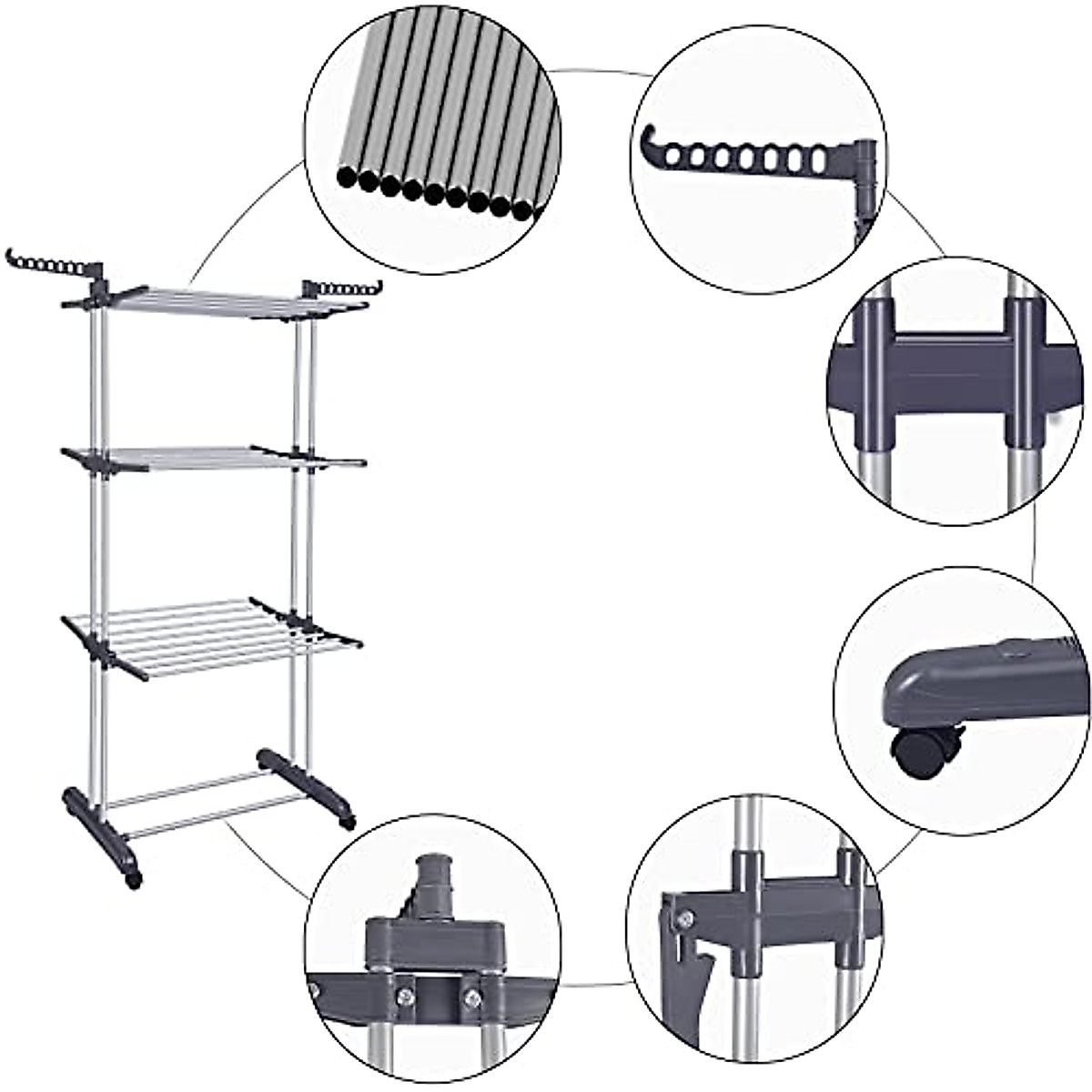 Clothes Drying Rack, Innotic Folding 4-Tier Laundry Stainless Steel Drying Rack with 2 Adjustable Side Wings, Space Saving Free-Standing Laundry Stand for Towels, Clothes, Shoes, Quilts(Gray)