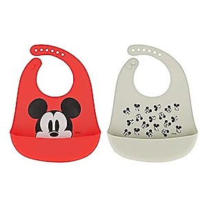 Disney 2-Pack Unisex Baby & Toddler Silicone Bibs with Food Catcher, Soft Waterproof Mickey Mouse Feeding Accessories, Red/Grey