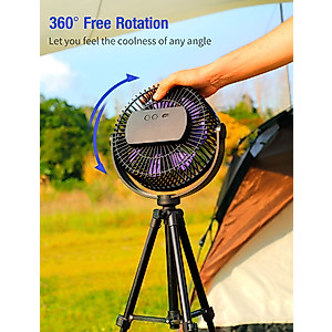 8" Portable Camping Fan, 10000mAh Rechargeable Tripod Fan with Tent Hook, 4 Speeds, 360° Rotation Battery Operated Fan for Outdoor Camping Tent Hurricane