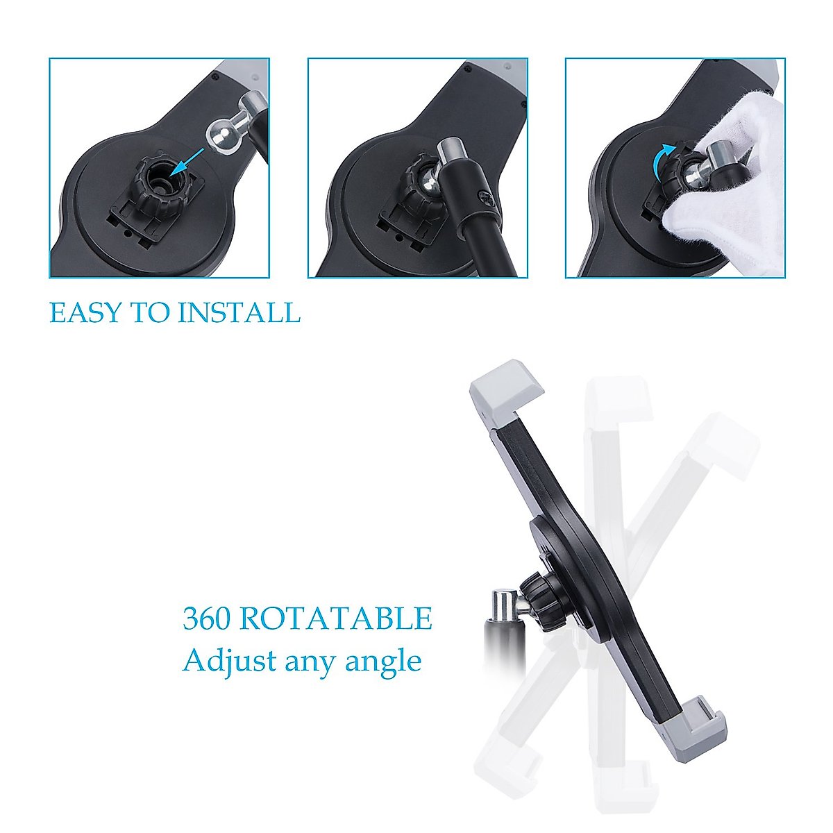 T-SIGN IPad Tripod Stand, Reinforced Foldable Floor Tablet Stand, Height Adjustable 360° Rotating Mount for All 7 to 12 Inches Tablets, Carrying Case, Phone Holder, Bluetooth Remote Control