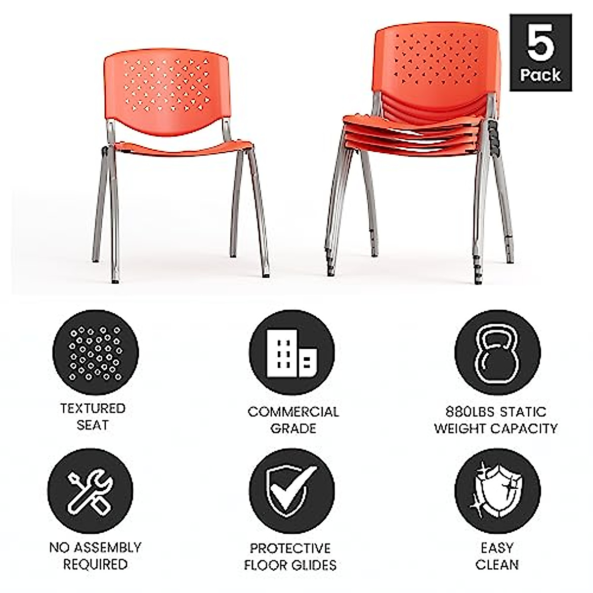 Flash Furniture HERCULES -5 Pack 880 lb. Capacity Orange Plastic Stack Chair | Comfortable Seating with Durable Design