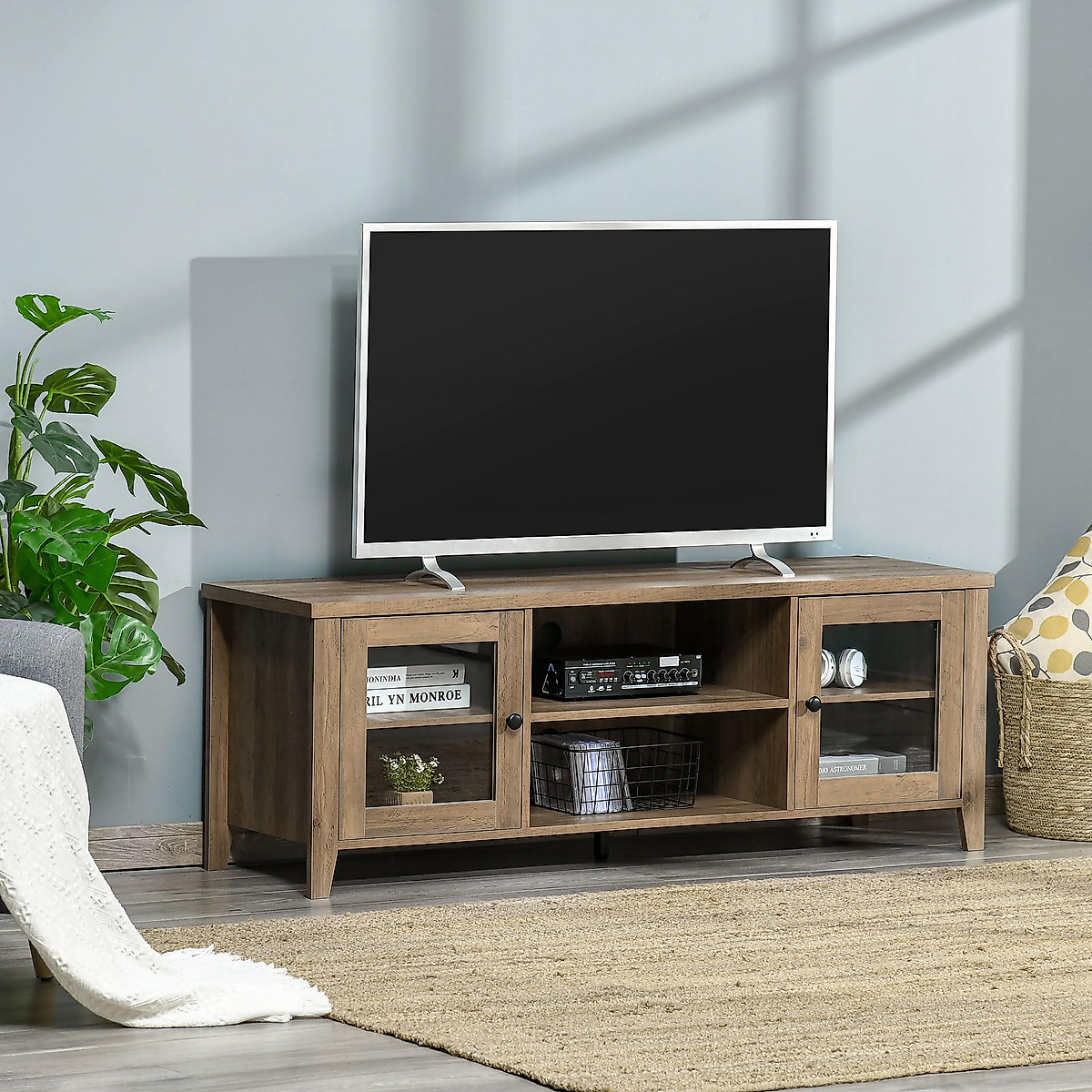 HOMCOM Modern TV Stand, Entertainment Center with Shelves and Cabinets for Flatscreen TVs up to 60" for Bedroom, Living Room, Brown Wood Grain