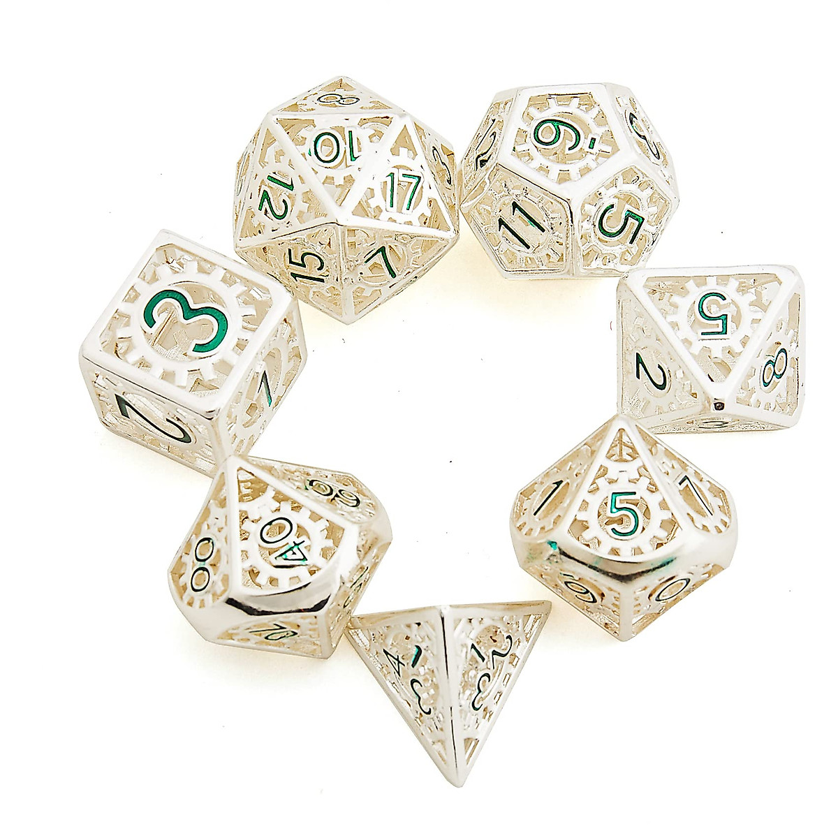 Hollow Metal DND Dice Set of 7 Uniquely Designed Polyhedral D&D Dice Set with Gift Metal Box and Numbers for Dungeons & Dragons RPG Role Playing and Pathfinder Dice Games(White-2)