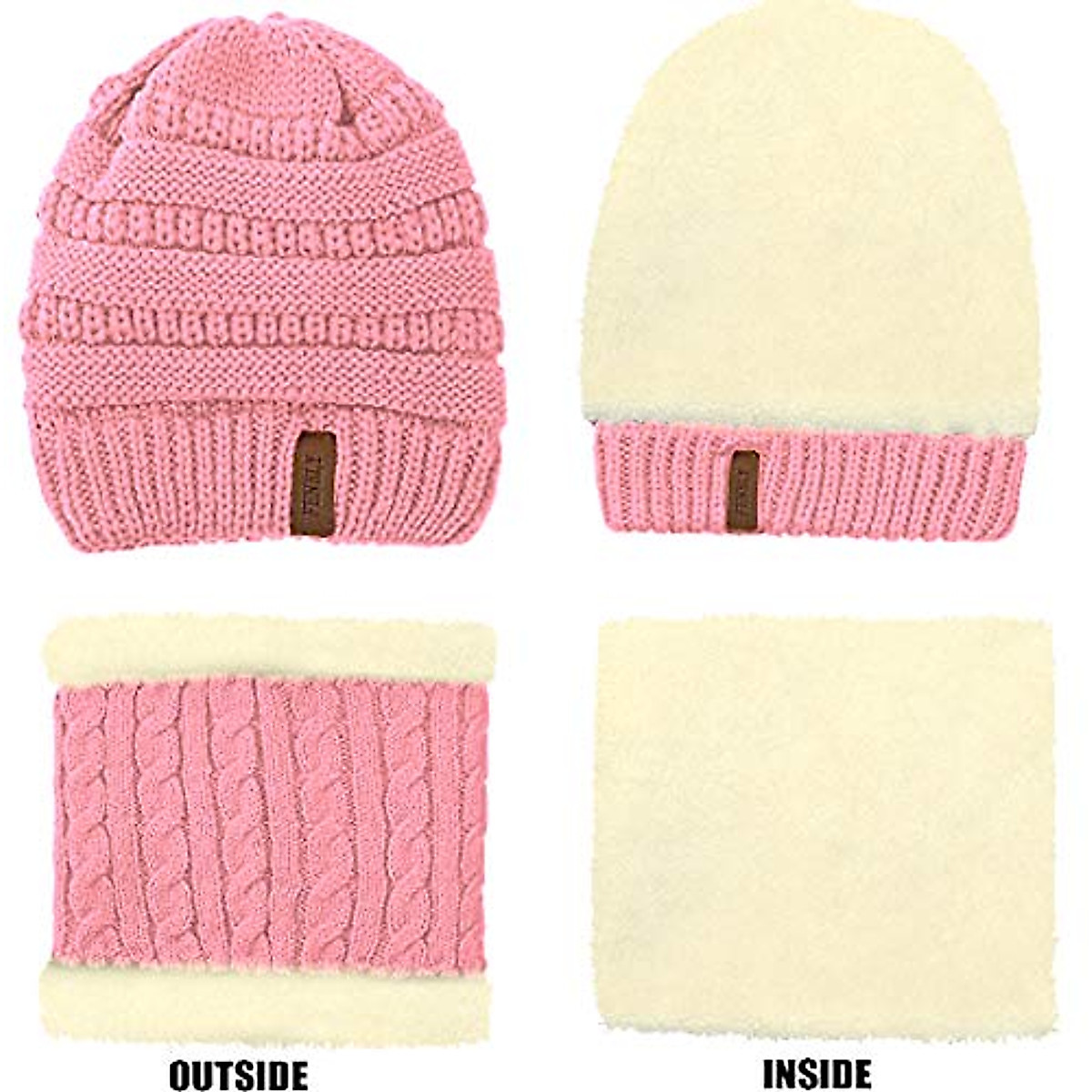 Girls Winter Hat Scarf Gloves Set for Cold Weather, Kids Beanie Hat Infinity Scarf Knitted Gloves Sets PInk Knit Thick Warm Fleece Lined Thermal Set for 6-10 Years Old Boy Baby Toddler Children