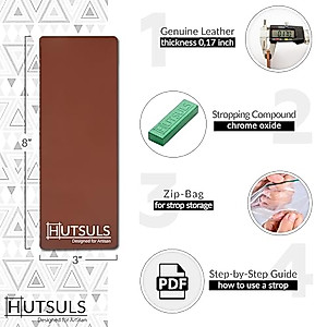 Hutsuls Brown Leather Strop with Compound - Get Razor-Sharp Edges with Stropping Kit, Green Honing Compound & Vegetable Tanned Two Sided Knife Sharpener Step-by-Step Guide Included