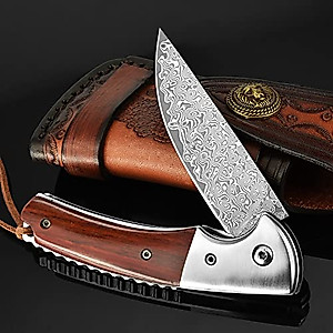 LOTHAR Damascus Pocket Knife for Men, Excellent Damascus Folding Knife Gifts for Men, VG10 Damascus Steel and Leather Sheath, Men Gifts for Birthday, Anniversary, Christmas Stocking Stuffers for Men