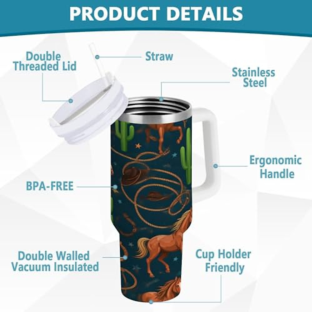 Jihqo Western Cowboy Hats Horses 40 oz Stainless Steel Vacuum Insulated Tumbler with Handle and Straw Lid, Leakproof Water Bottle Double Wall Travel Mug Coffee Cup, Cupholder Friendly