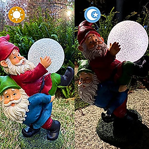 Raywer Solar Powered 2 Gnomes Playing with Ball , Decorated Solar Light, Garden Decorations Statues , Garden Light Decor for Lawn Ornaments, Resin Garden Figurines (2 Gnomes with a Glass Ball)